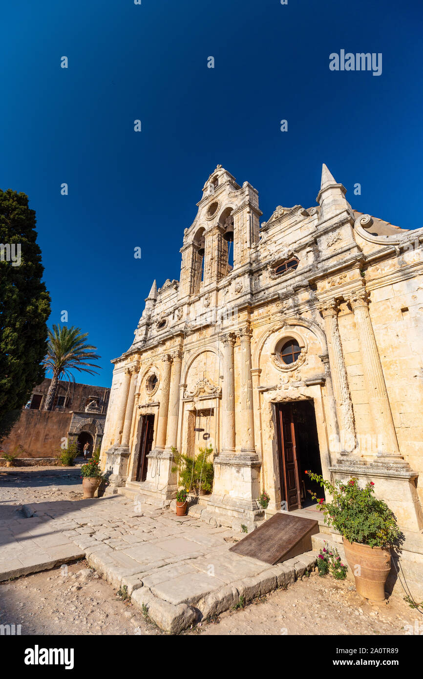Front facade of the Monastery of Arkadi (Moní Arkadíou), an Eastern ...
