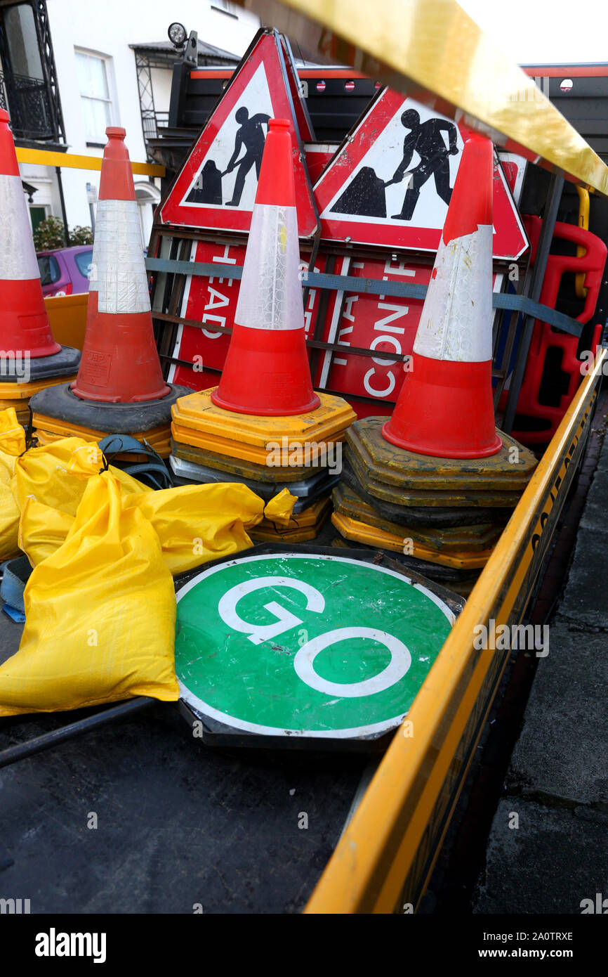 Road signs in the back of a lorry in Bognor Regis, West Sussex, UK ...