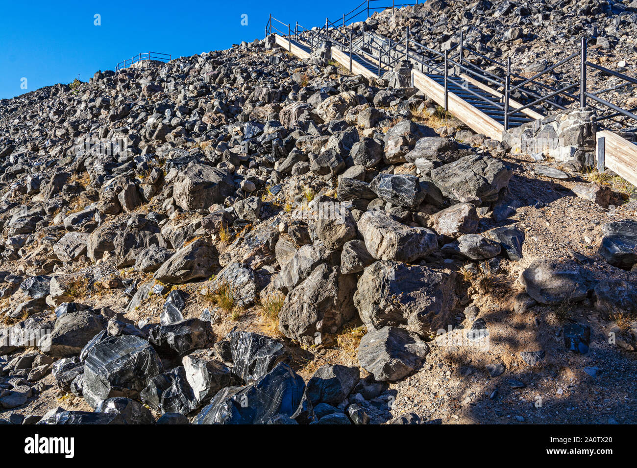 Oregon, Newberry National Volcanic Monument, Big Obsidian Flow Trail, stair access Stock Photo ...