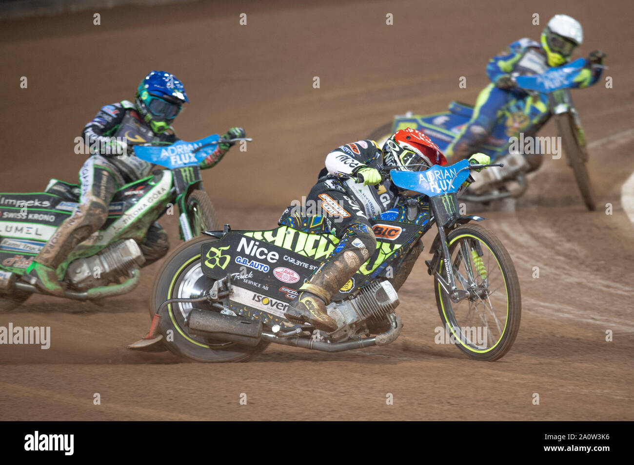 CARDIFF, WALES Antonio Lindback (Red) leads Patryk Dudek (Blue) and ...