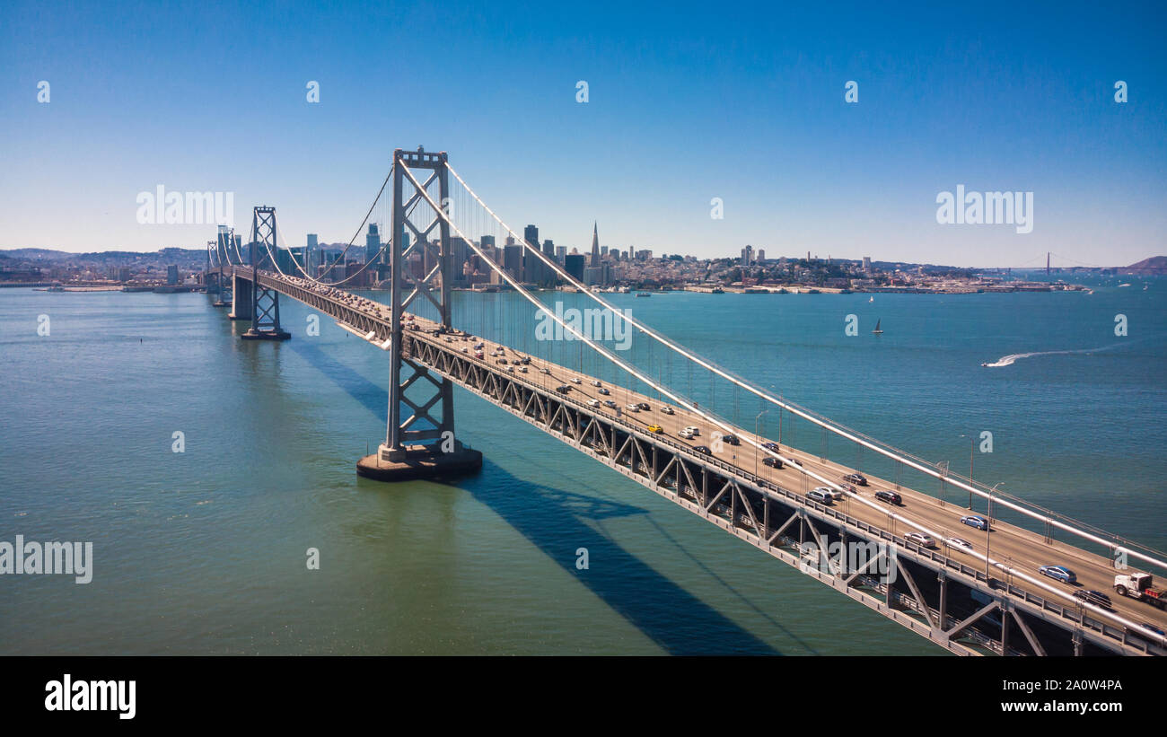 Aerial Cityscape view of the Bay Bridge and San Francisco, California ...