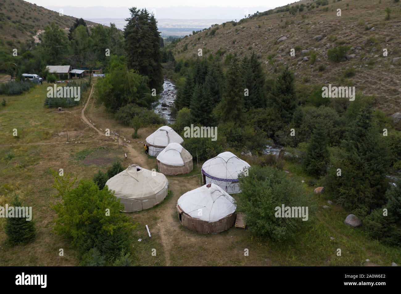 Aerial view of a yurt camp in Kyrgyzstan Stock Photo - Alamy