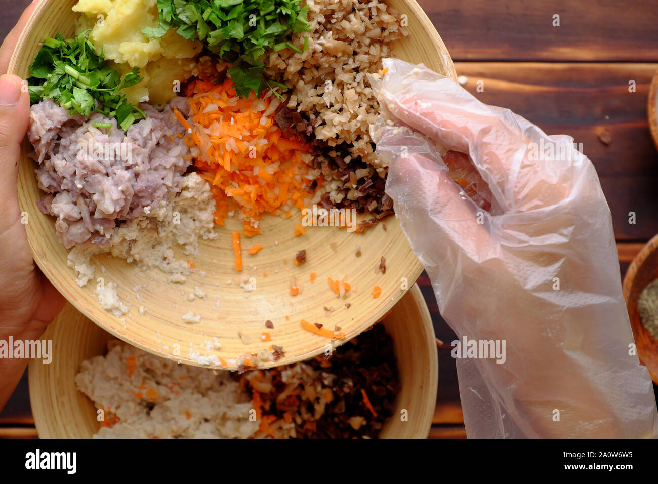 People prepare food ingredient for fried vegan tofu pie, raw materials ...