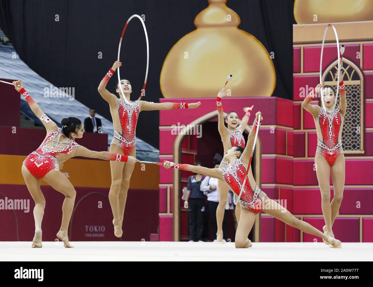Japan women's rhythmic gymnastics team, known as Fairy Japan, performs in the hoops and clubs ...