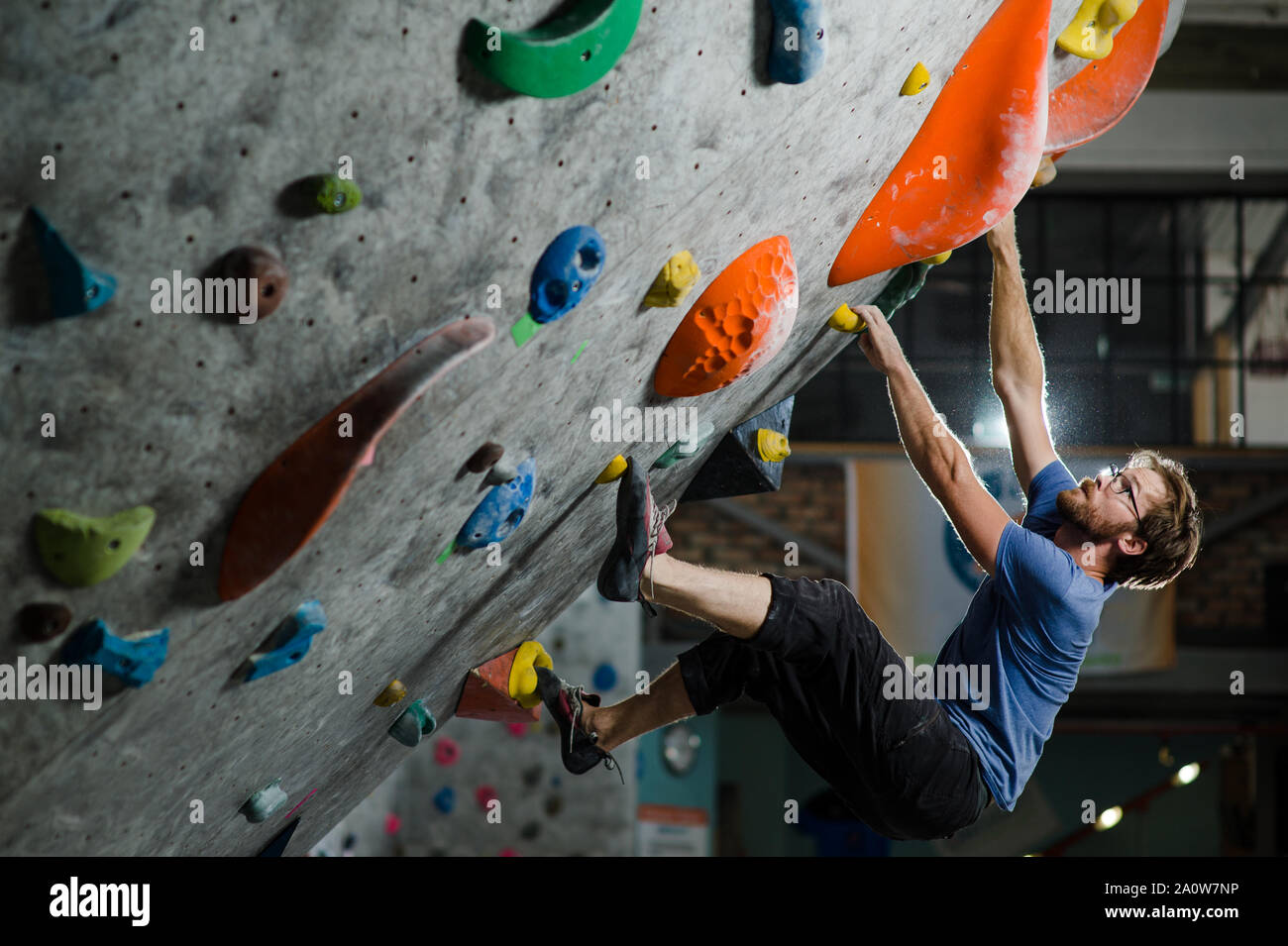 strong healthy sport man with beard and eyeglasses climbing on wall ...