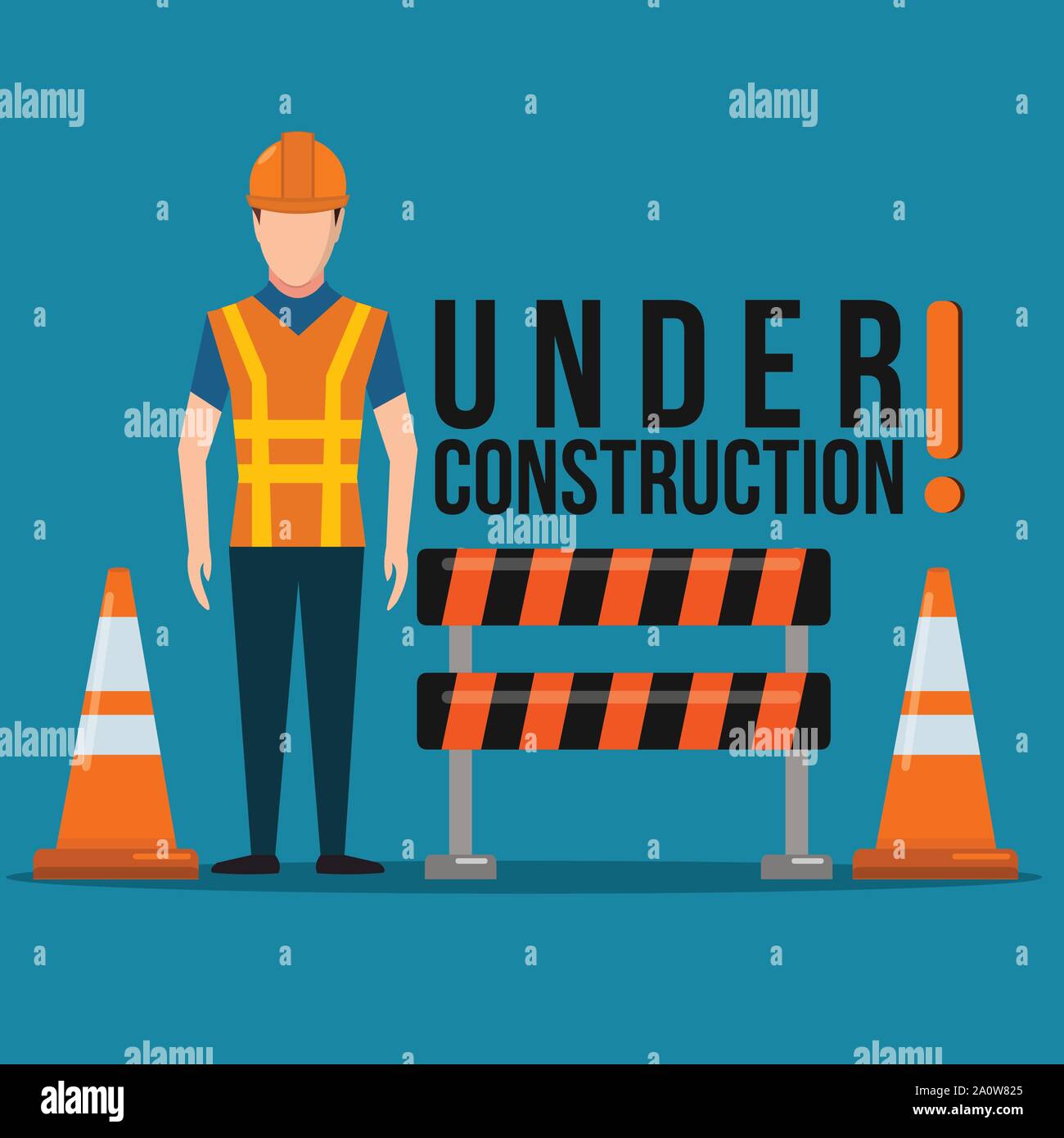 worker with warning board sign and traffic cone for under construction ...