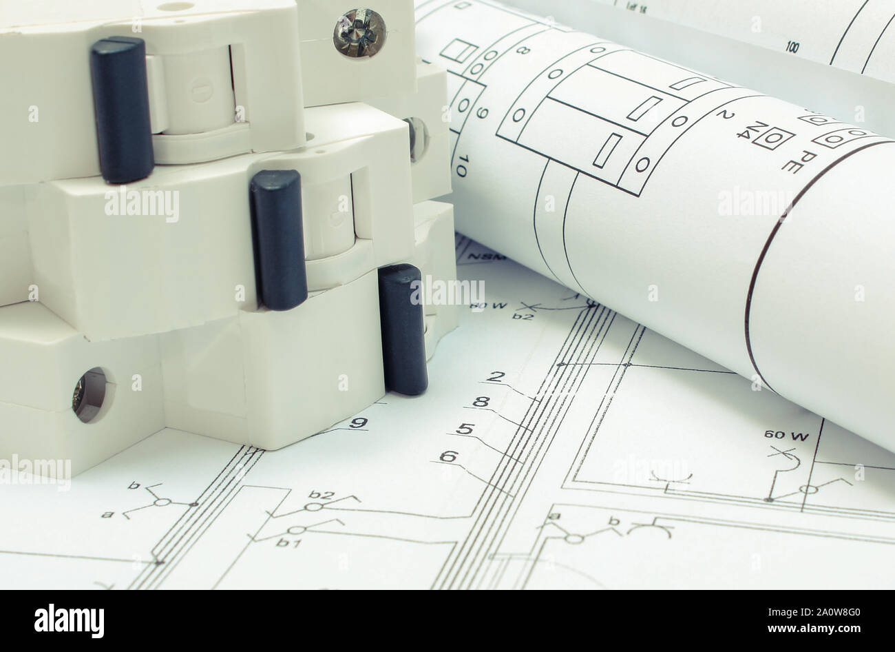 Electrical diagrams and electric fuse on construction drawing of house ...