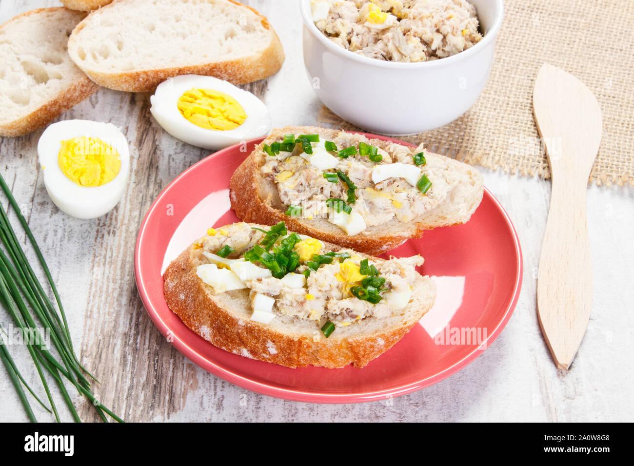 Crusty baguette with homemade mackerel or tuna fish paste, egg and ...