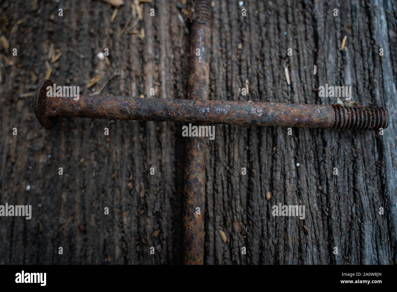 The very old rusty screws on the wood floor Stock Photo - Alamy