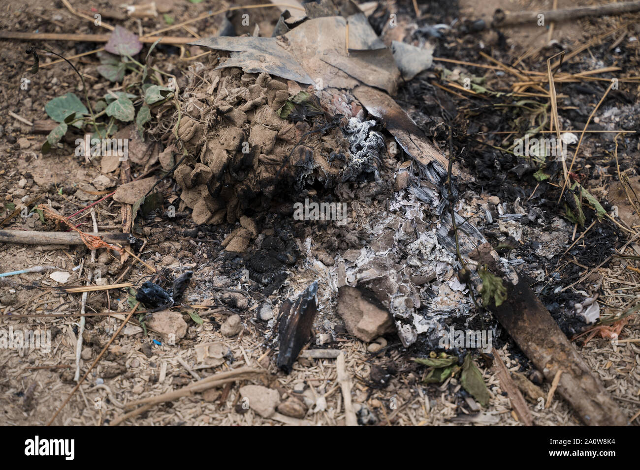 Extinguished coals. Ashes and coals. The place where the bonfire was ...