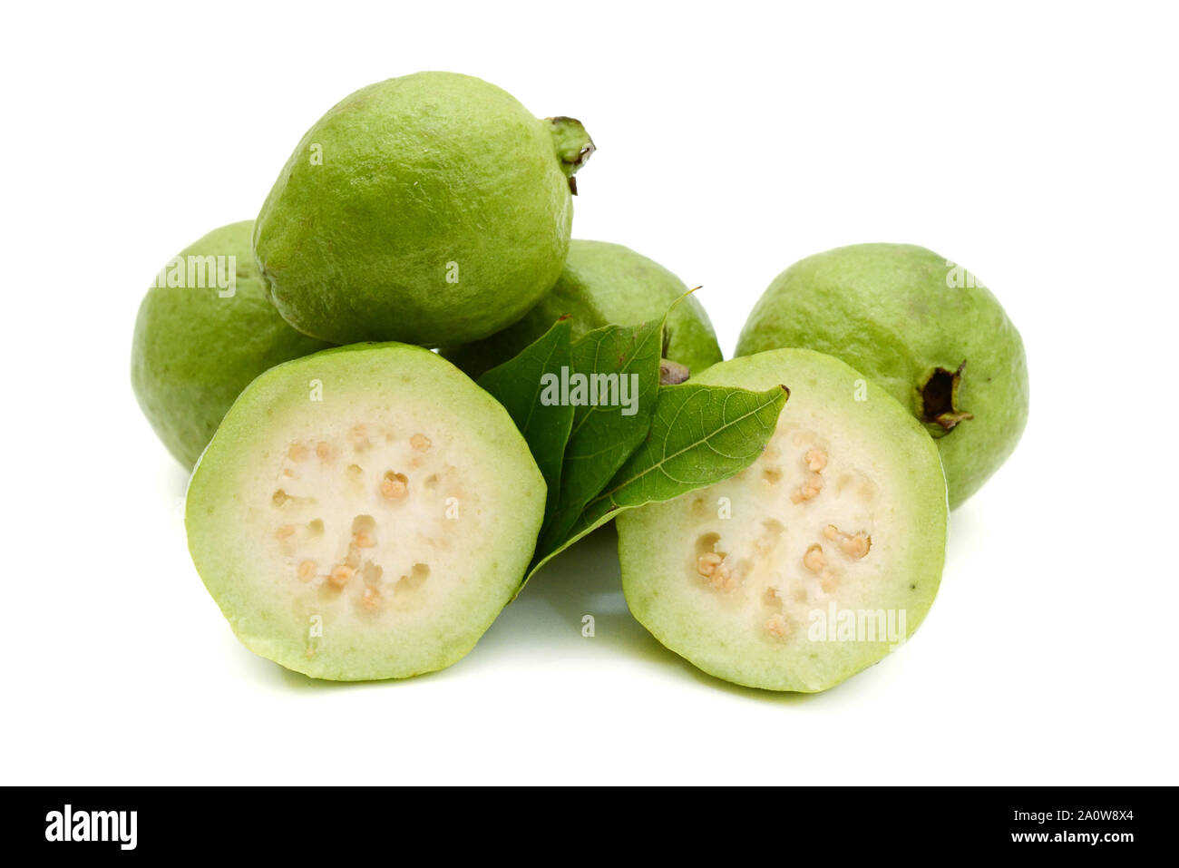 Fresh guava fruit with leaves and slices isolated white background ...