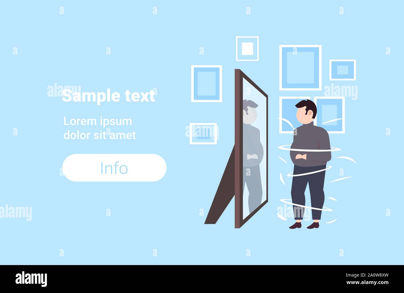 fat overweight man looking at reflection in mirror sad obese guy ...