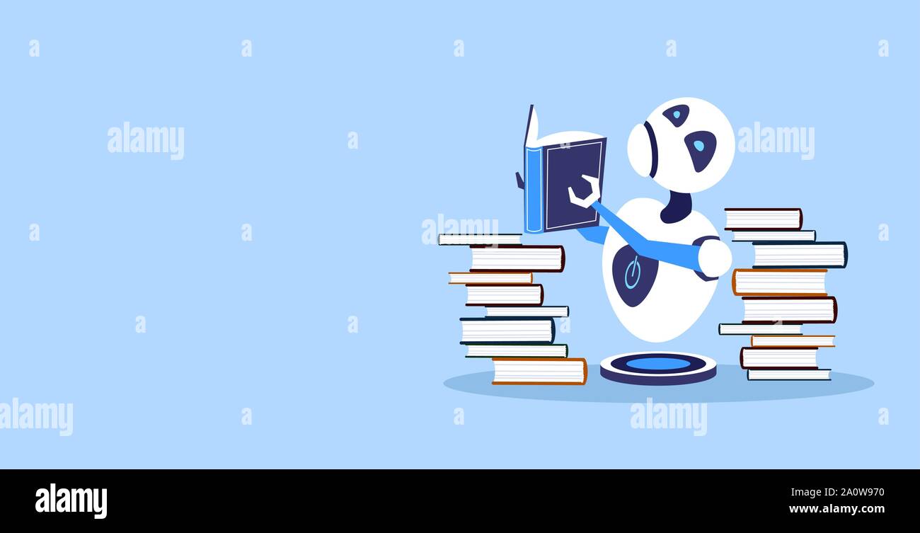 cute robot reading book robotic character studying artificial ...