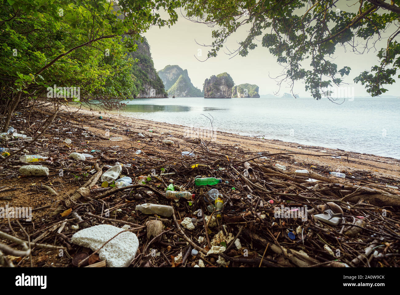 Ocean waste, single use plastic, polystyrene, washed up on the beach of ...