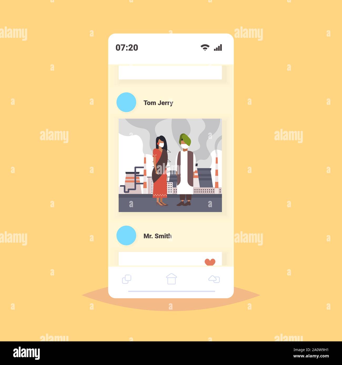 arab couple in face masks plant pipe toxic air pollution industry smog ...