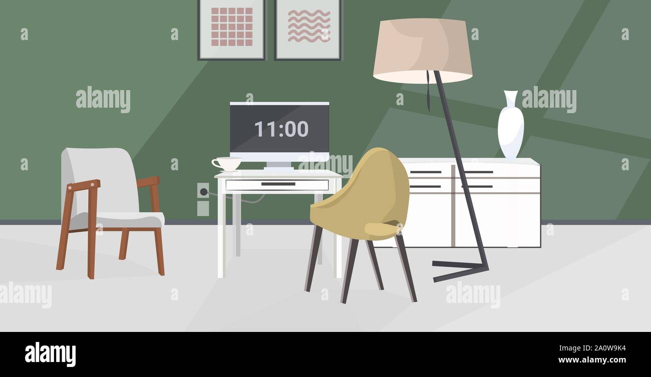 stylish workplace with computer monitor at home modern living room ...