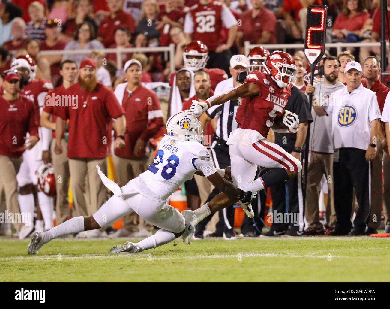September 21, 2019: Razorback running back Rakeem Boyd #5 works to free ...