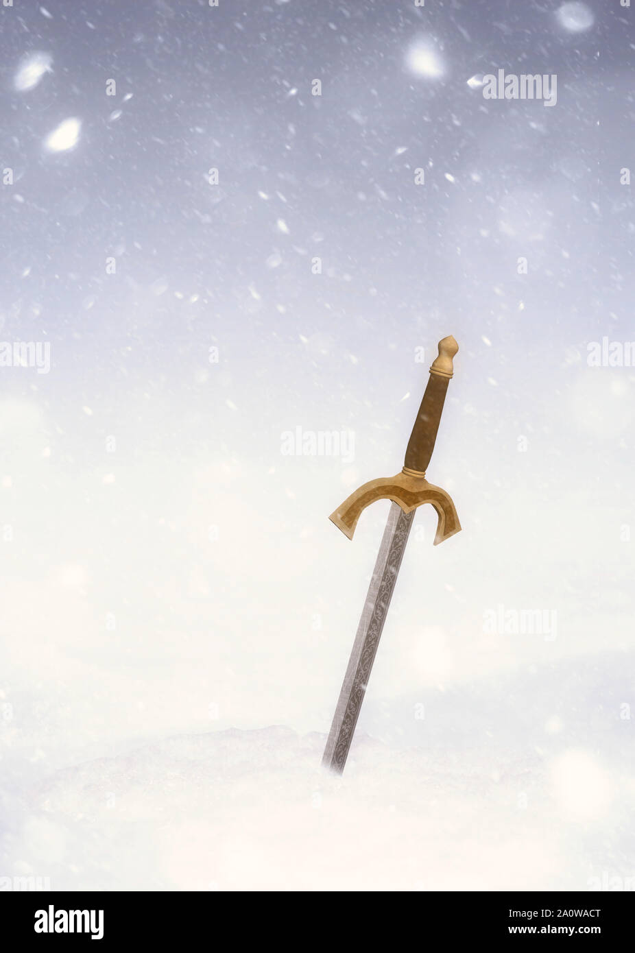 Medieval weapon 3d rendered sword surrounded by the falling snow ...