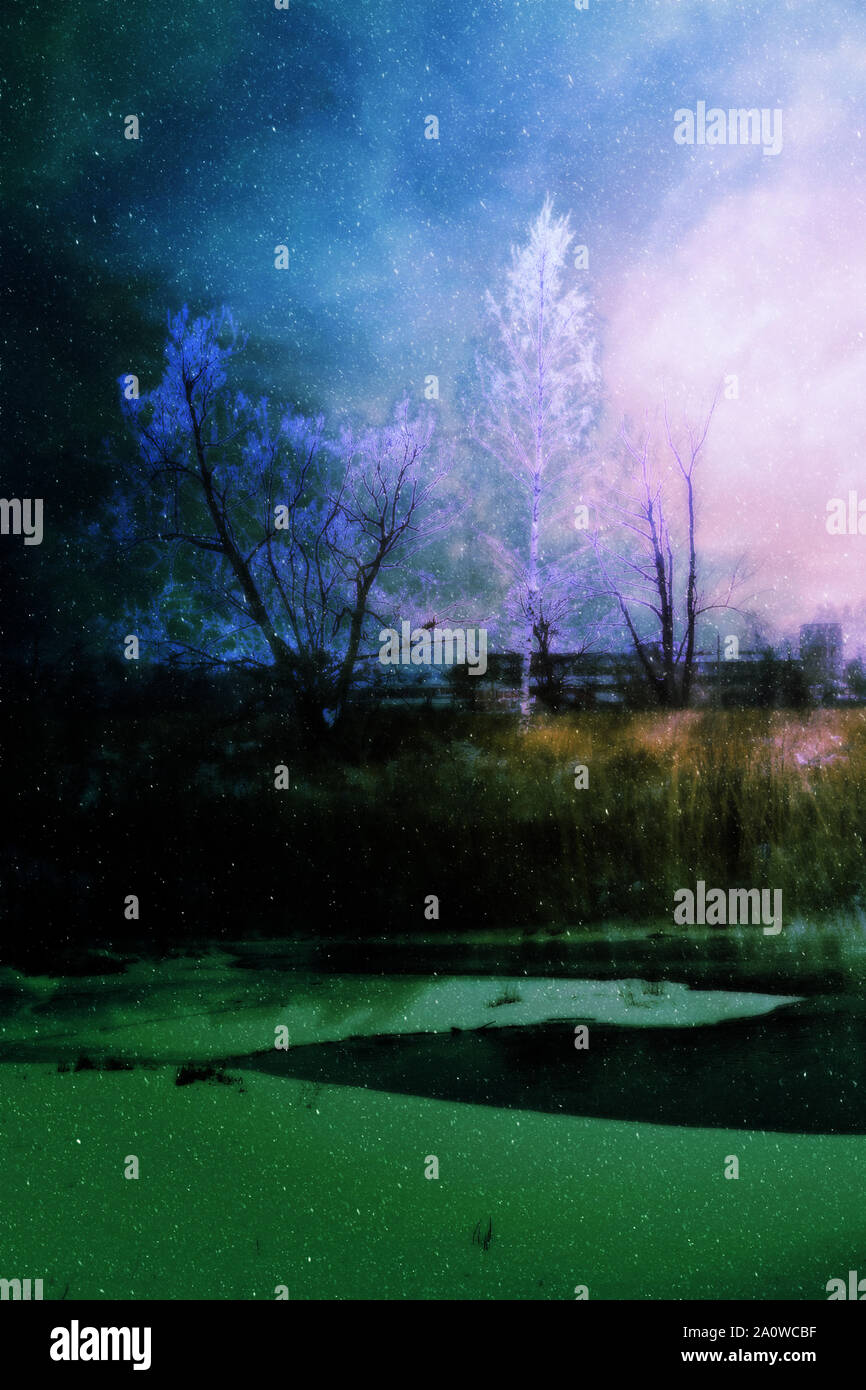 Snowy winter rural landscape, photo manipulation, illustration Stock ...