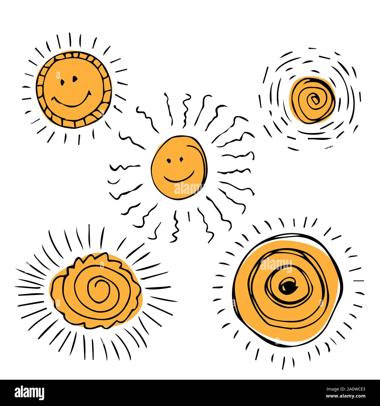 Set of sun symbols hand drawn in cartoon style. Vector illustration of ...