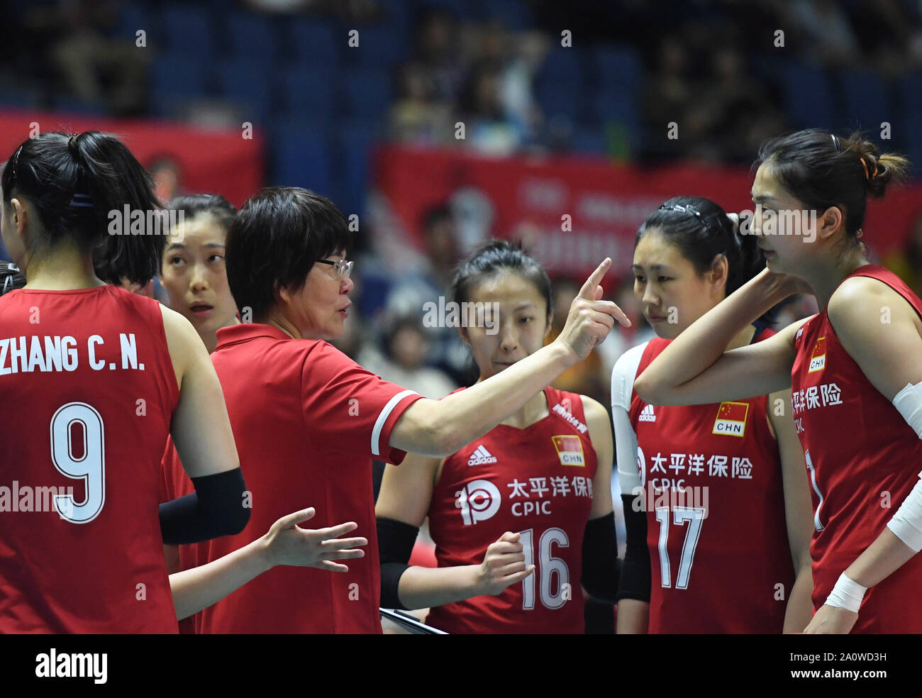 Sapporo, Japan. 22nd Sep, 2019. Head Coach of China Lang Ping gestures ...