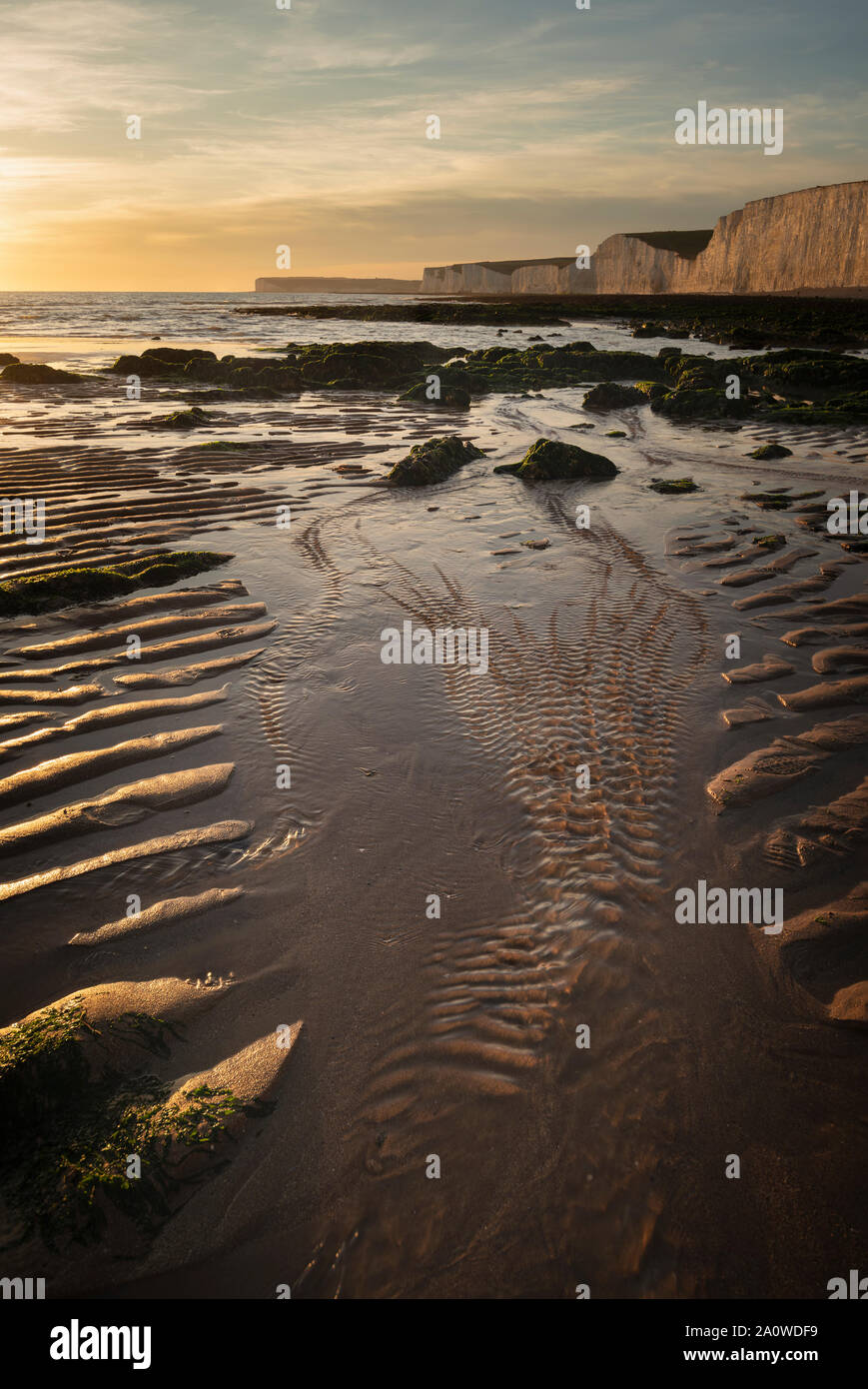 Beautiful Summer landscape sunset image of Seven Sisters chalk cliffs ...