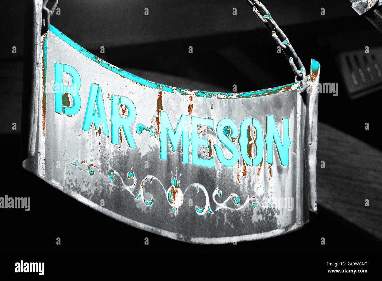 Sign of bar tavern of iron rusty and hung with chains Stock Photo - Alamy
