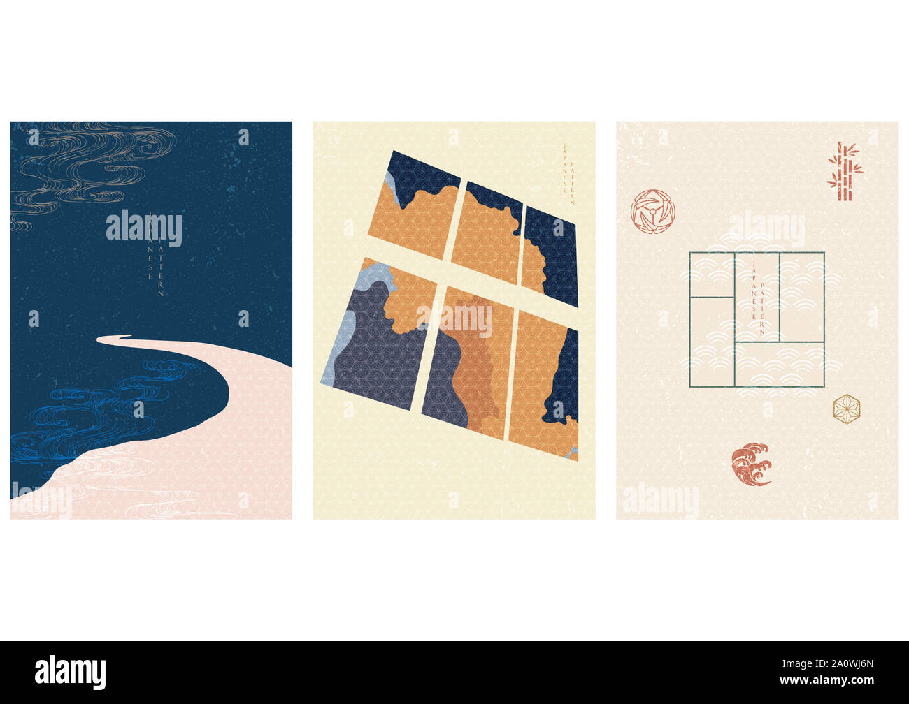 Japanese template with landscape background vector. Japanese icons with ...
