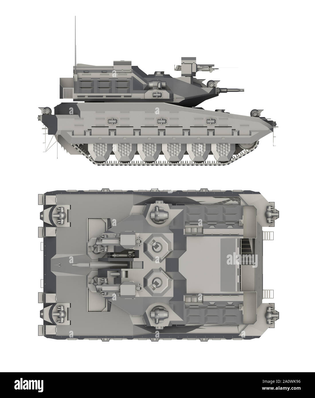 military tank side and top view isolated on white. 3d rendering Stock ...
