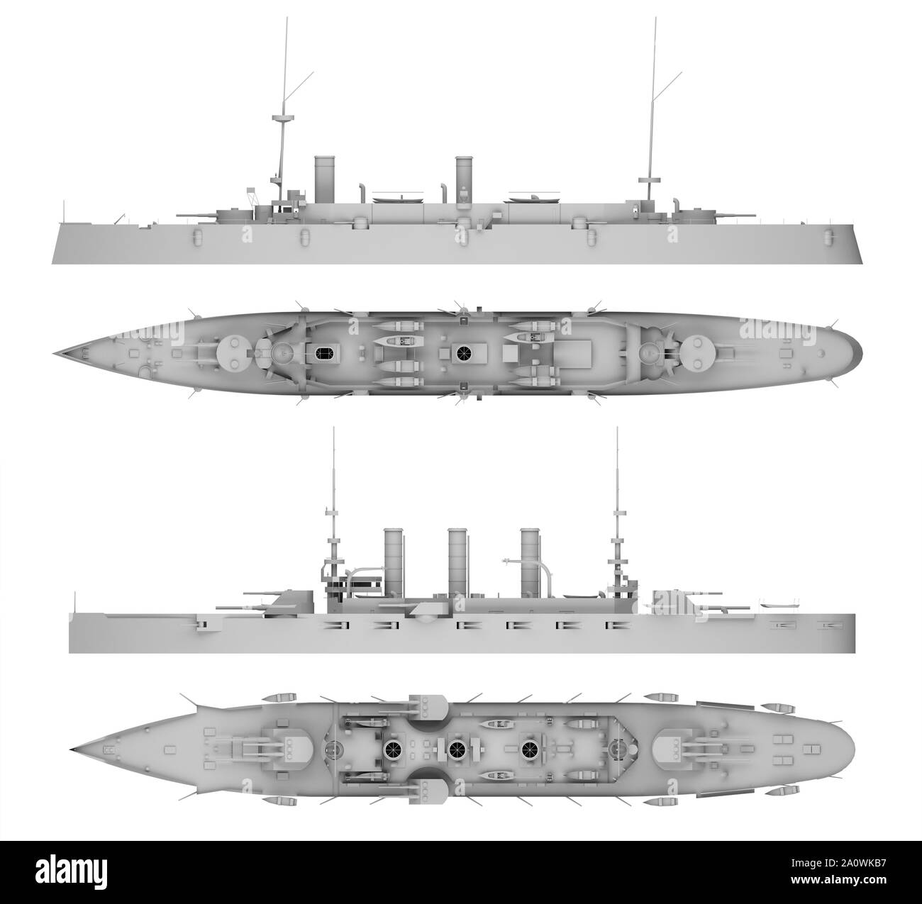 set warship in gray side view and top view isolated on white. 3d ...