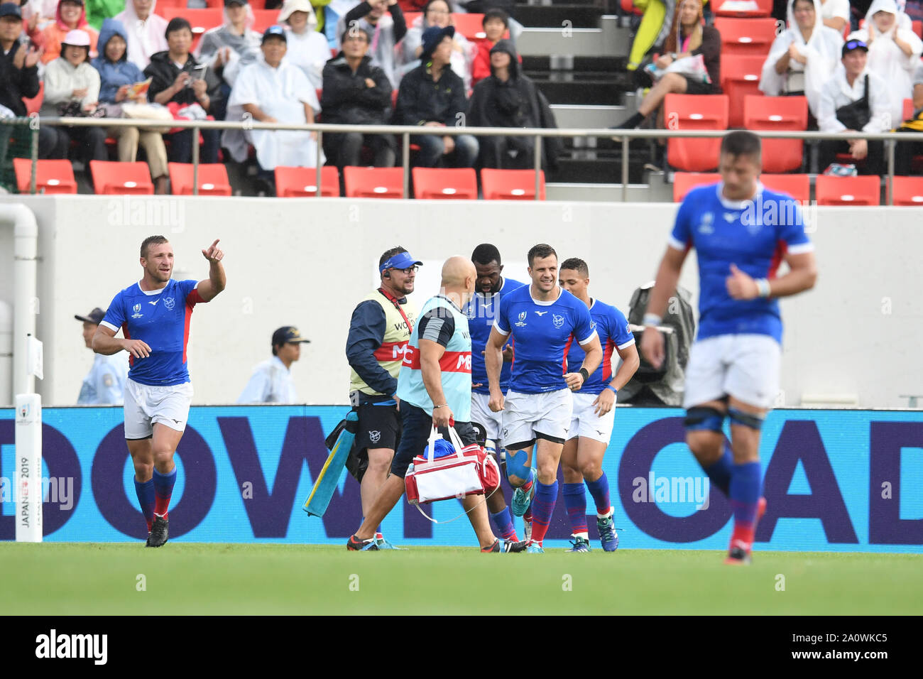 Japan. 22nd Spet 2019. Players of Namibia celebrate scoring a try by JC ...
