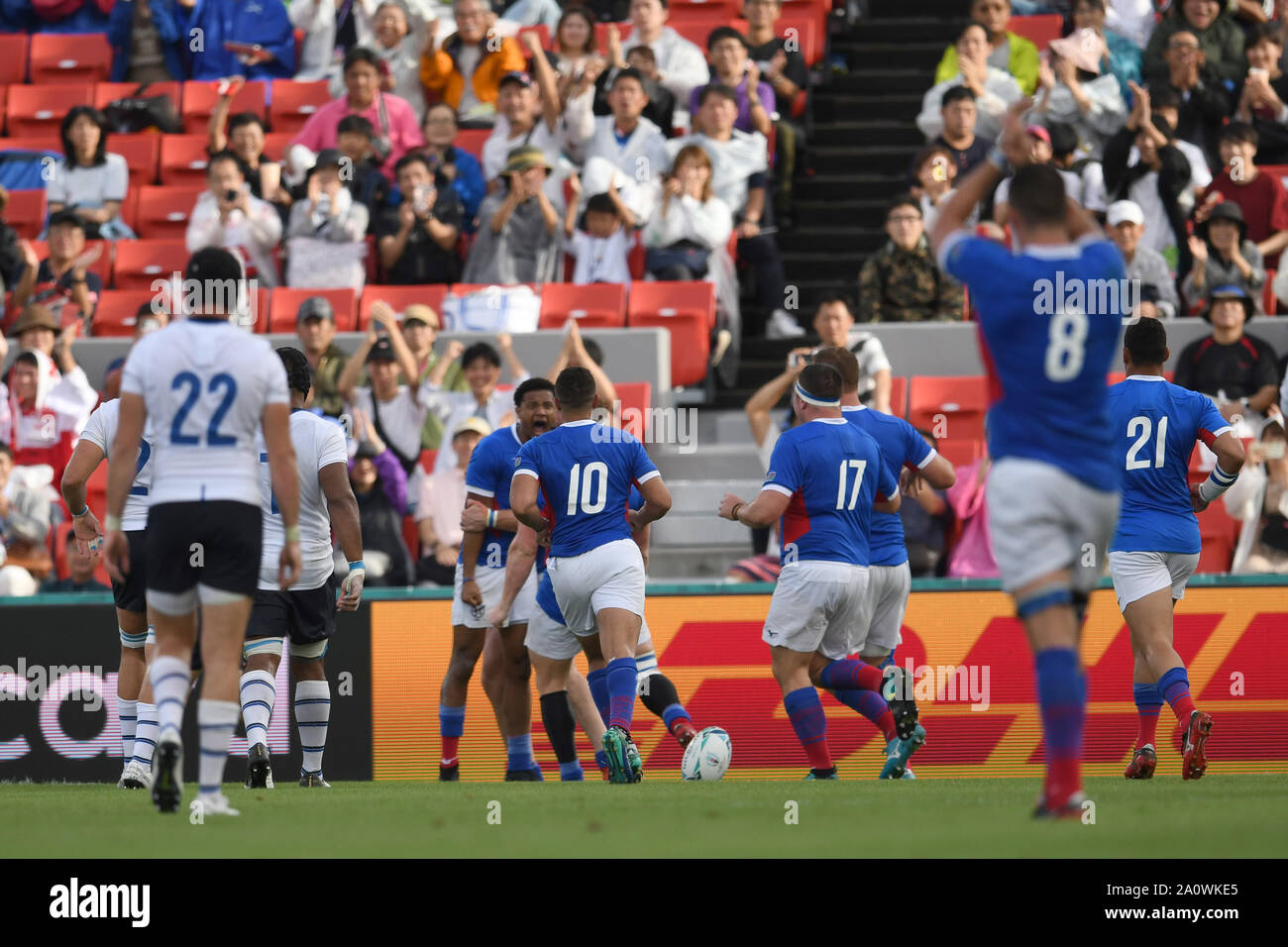 Japan. 22nd Spet 2019. Players of Namibia celebrate scoring a try by ...