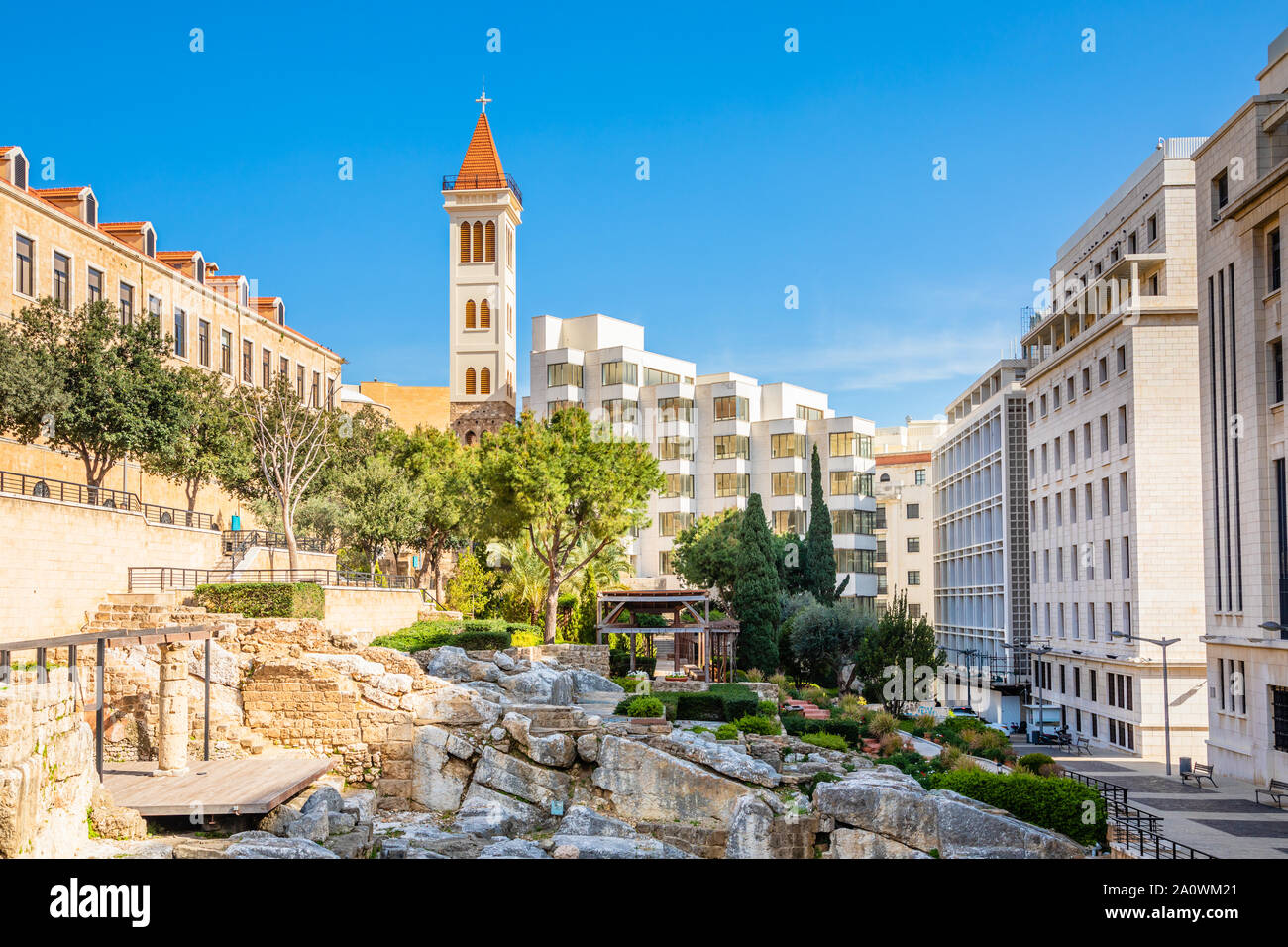 Roman baths ancient ruins site, modern buidings and Saint Louis ...