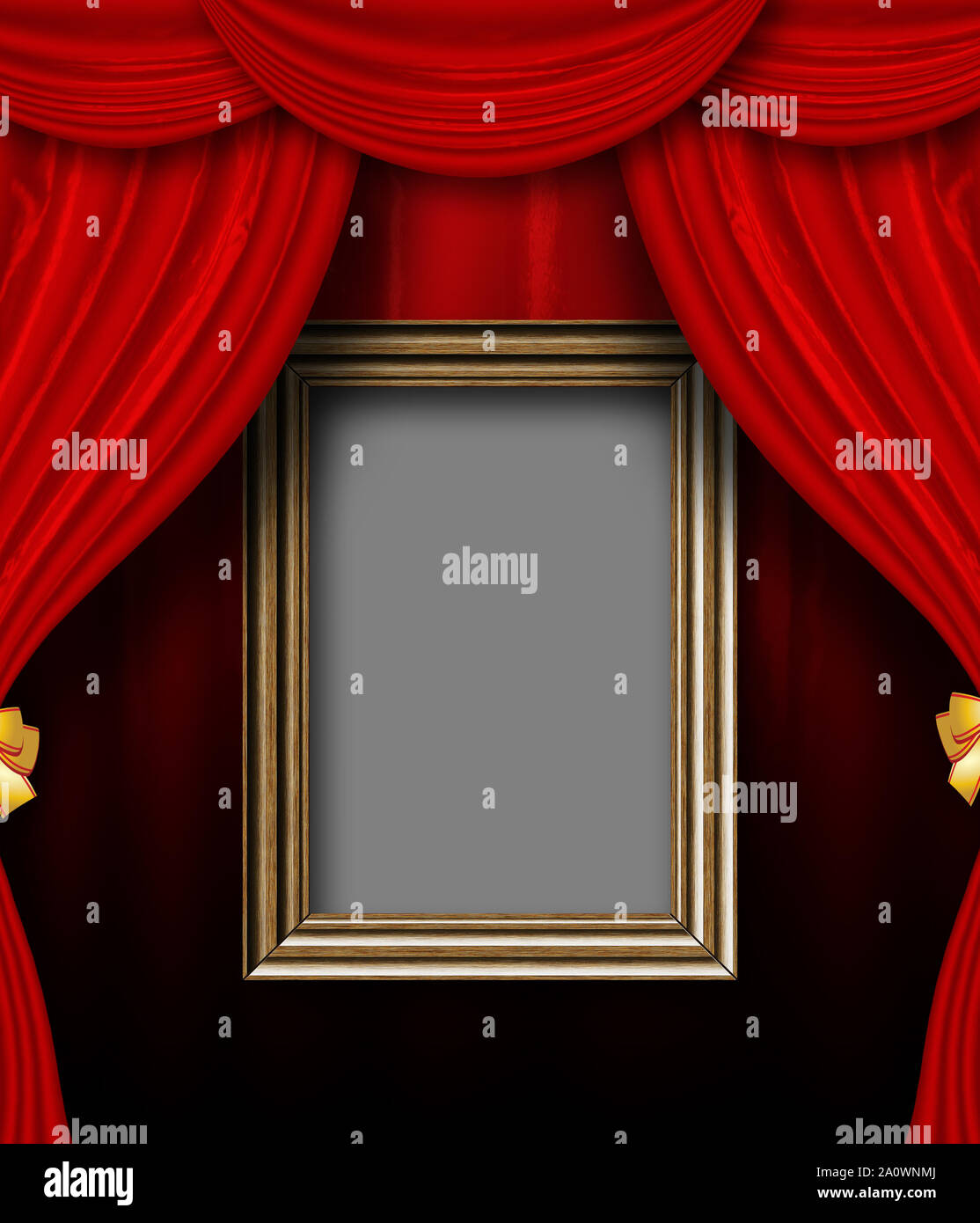 Interior with red curtains and vintage wooden photo frame Stock Photo ...