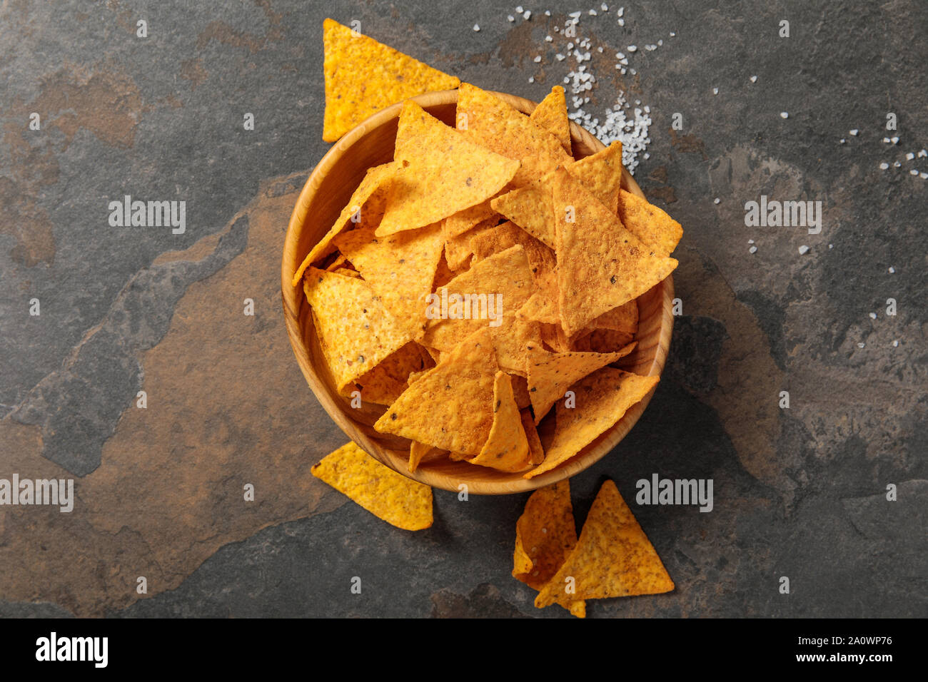 top view of Mexican nachos with salt on stone table Stock Photo - Alamy