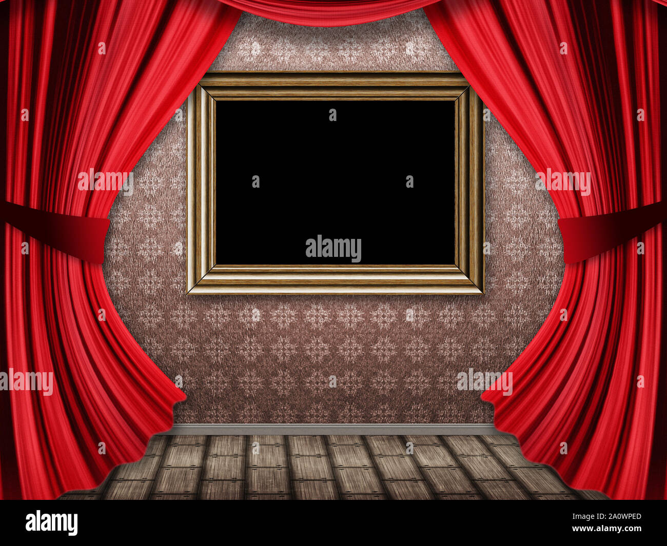 Room interior with wooden photo frame and opened red curtains Stock ...