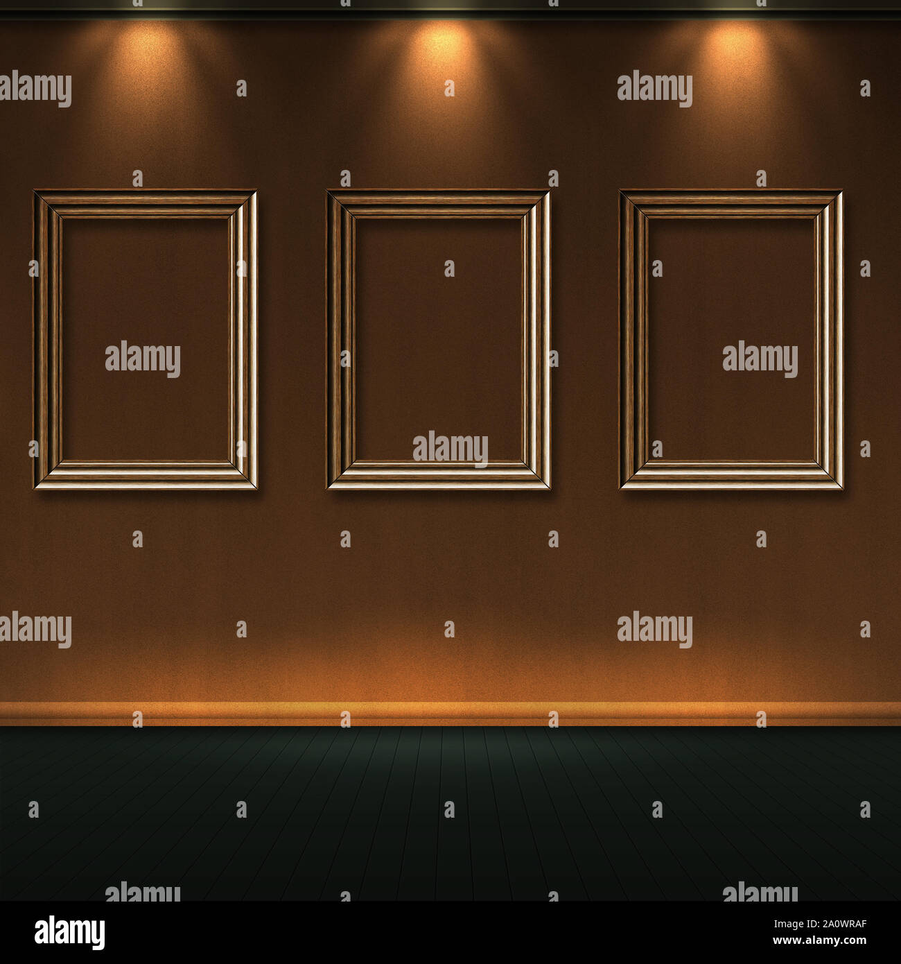 Empty wooden frames in room with lights on wall Stock Photo - Alamy
