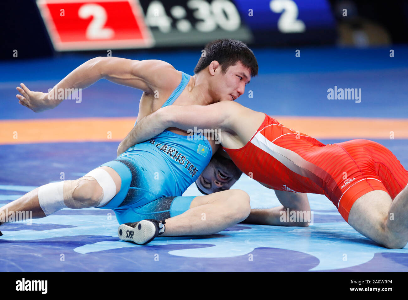 Nursultan, Kazakhstan. 21st Sep, 2019. (L to R) Nurkozha Kaipanov (KAZ), David Baev (RUS ...