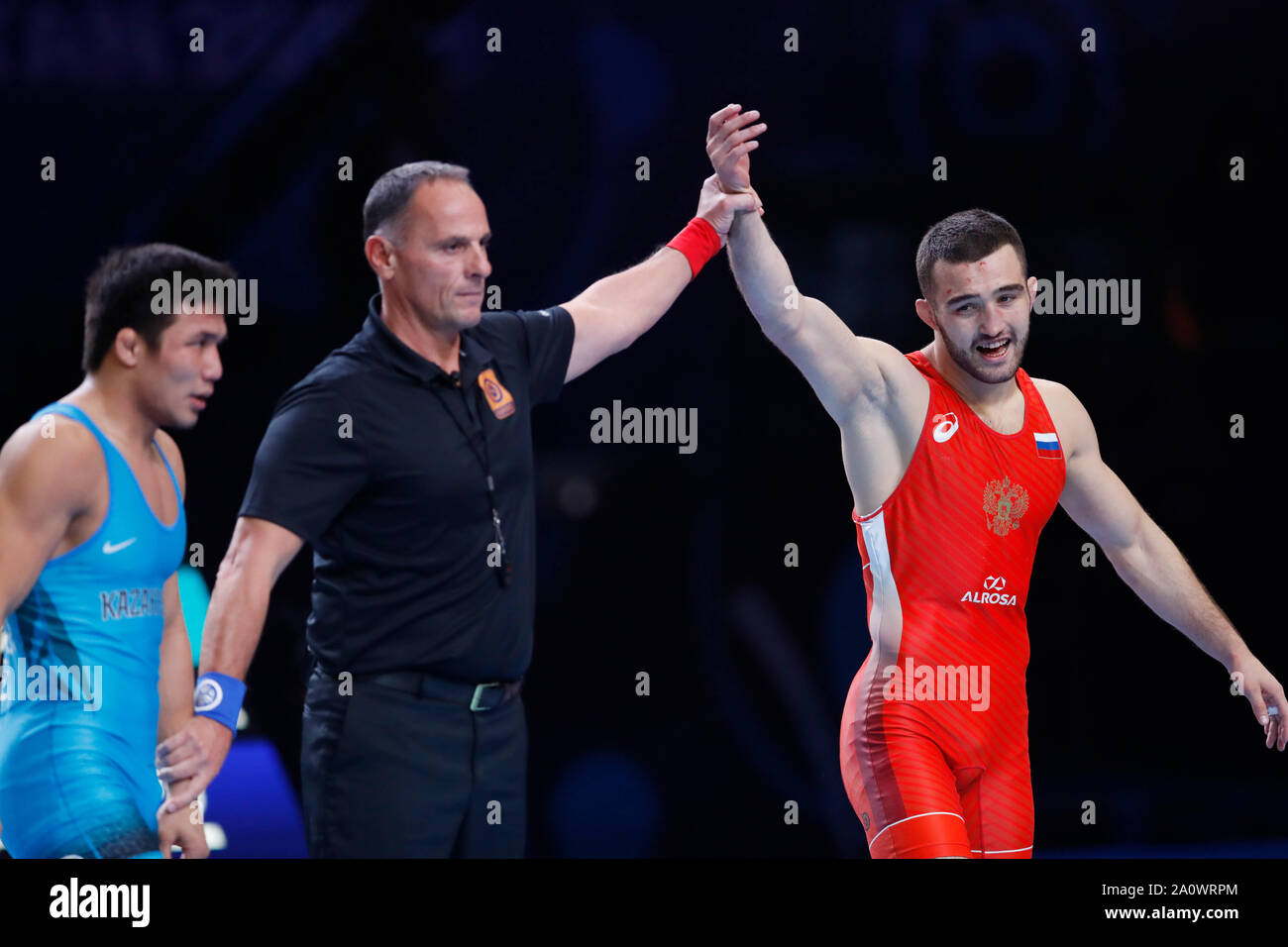 Nursultan, Kazakhstan. 21st Sep, 2019. (L to R) Nurkozha Kaipanov (KAZ), David Baev (RUS ...