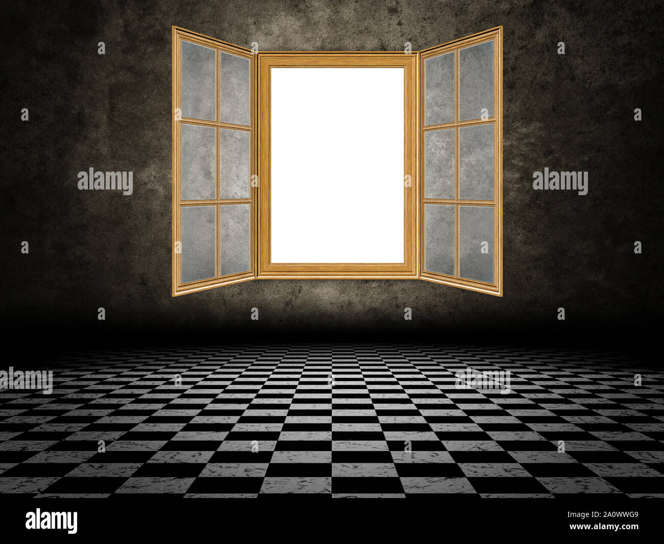 Grunge room interior and wooden window illustration Stock Photo - Alamy