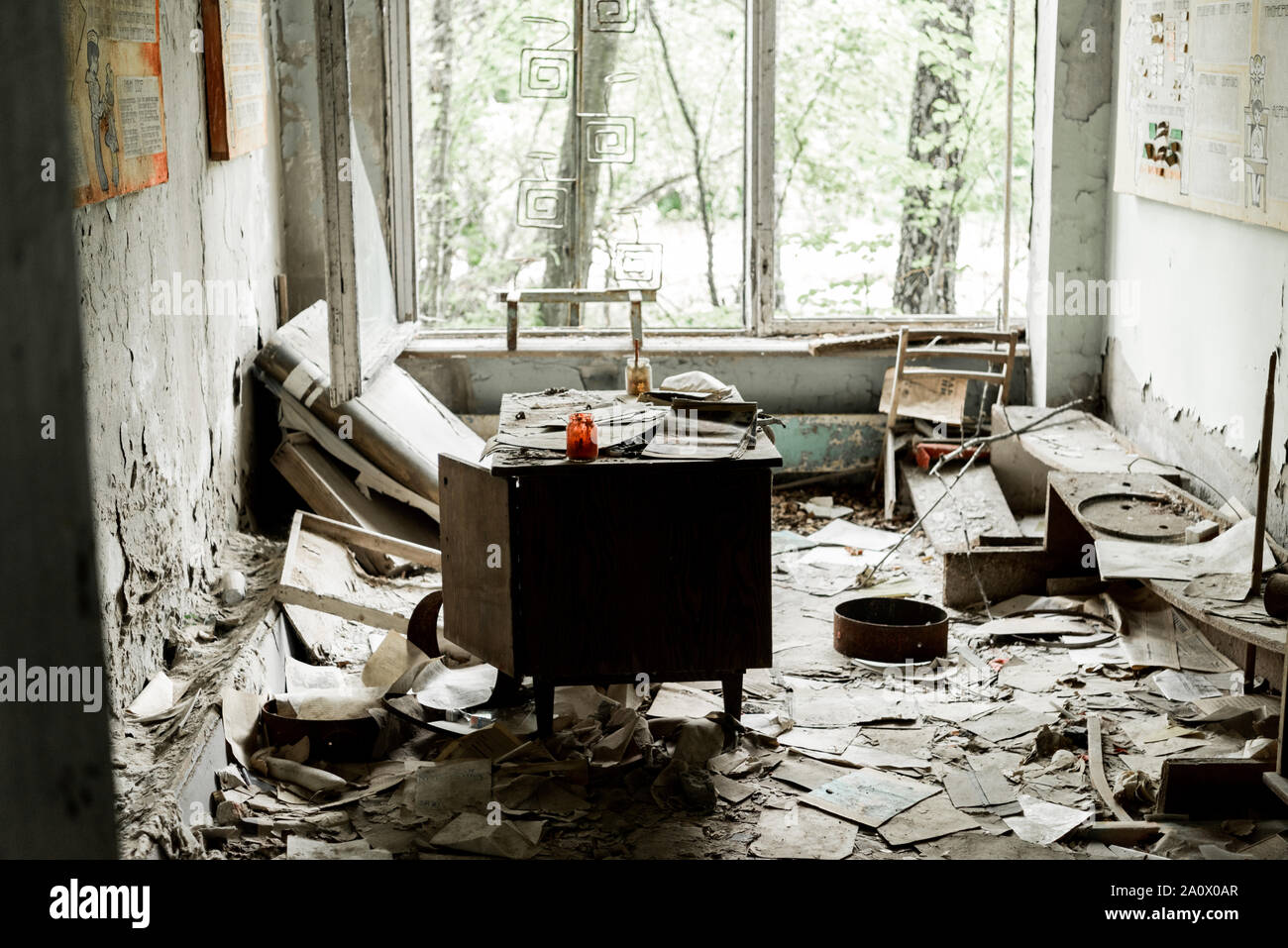 abandoned and damaged room with papers and documents on floor Stock ...