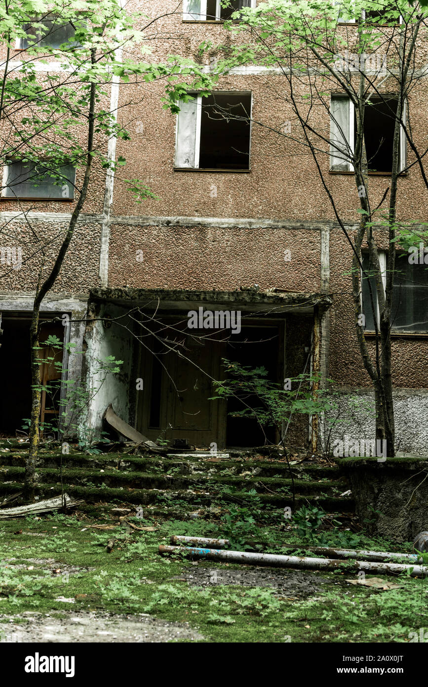abandoned brown building with mold on stairs near green trees in ...