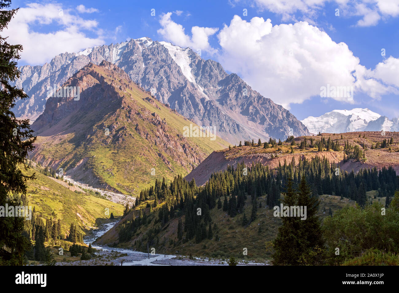 View of the beautiful Left Talgar mountain valley with river, rocks and ...