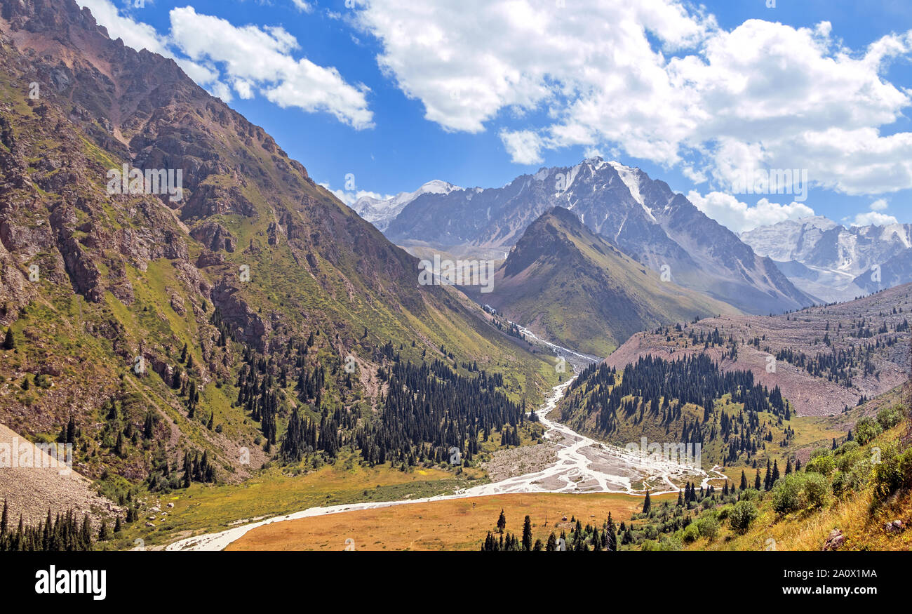 Panoramic view of the beautiful Left Talgar mountain valley with river ...