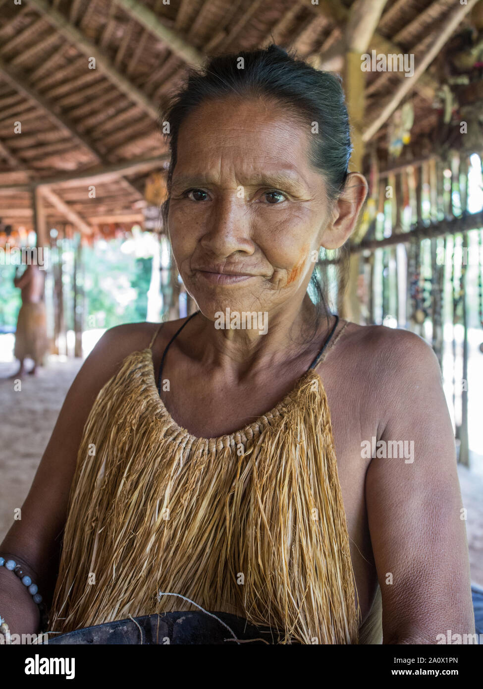 Iquitos, Peru- May 15, 2016: Woman of Yagua tribe- Indian in his local ...