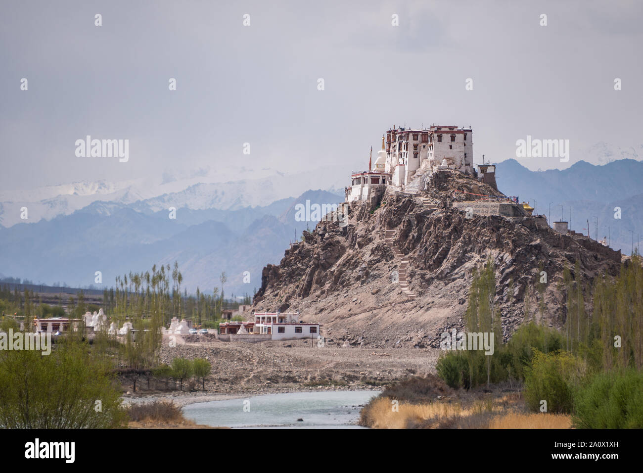 Stakna monastery above Indus river with view of Himalayan mountians ...