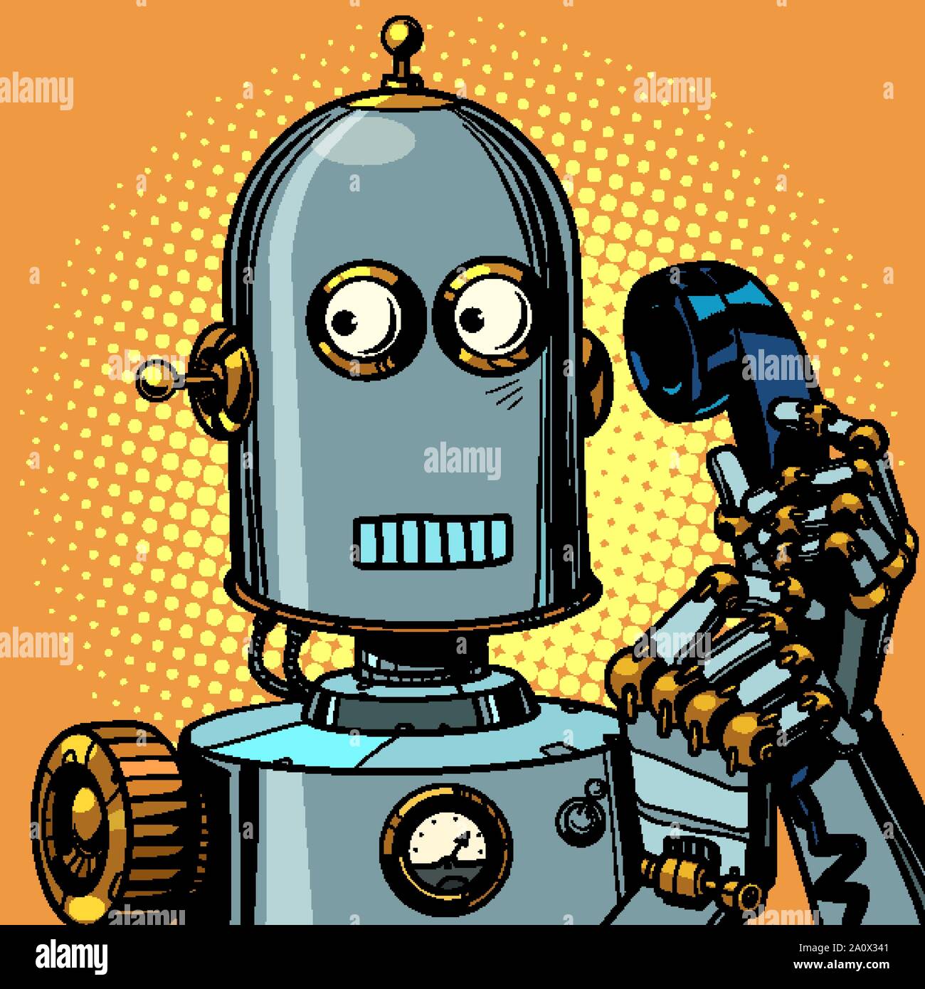 scared funny robot talking on a retro phone. Pop art retro vector ...