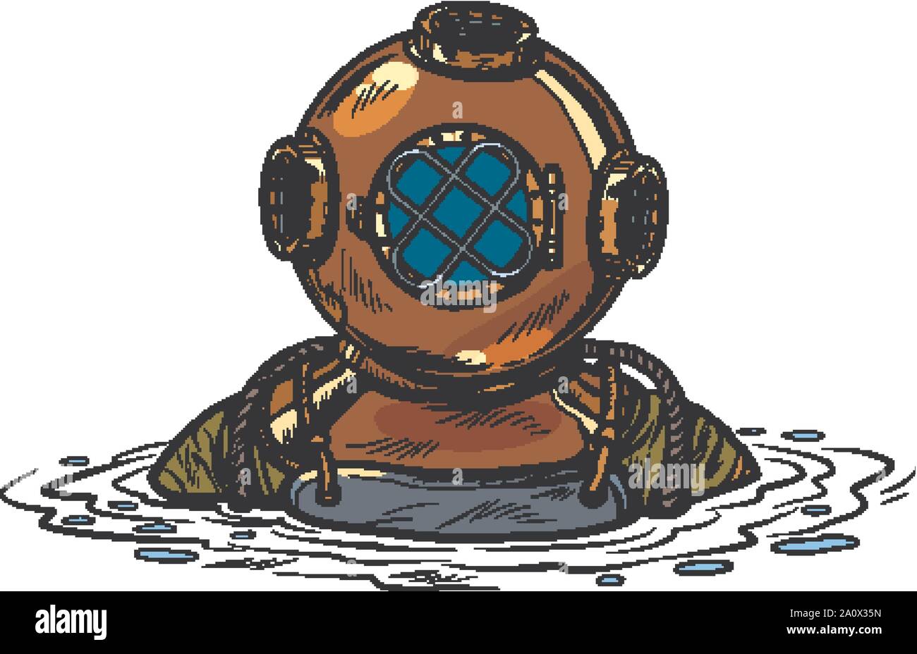 retro deep sea diver in metal helmet. isolate on white background. Pop ...