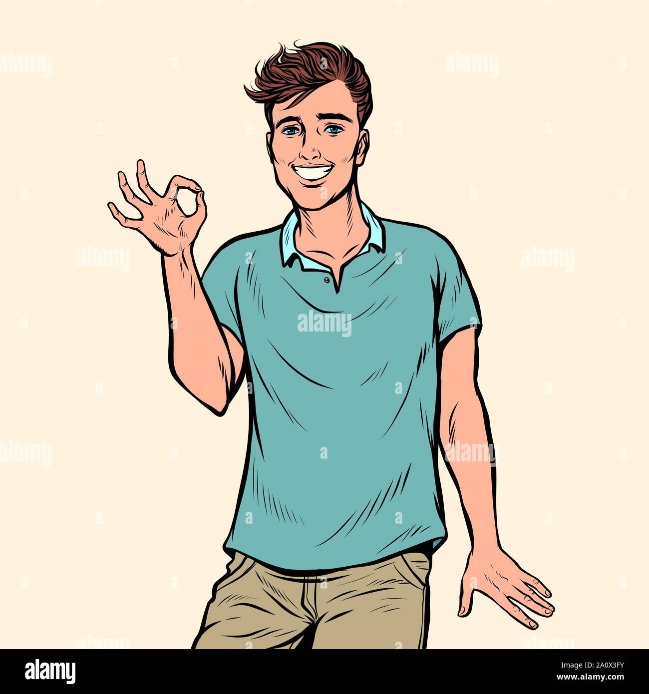 OK gesture young man. Pop art retro vector illustration drawing vintage ...