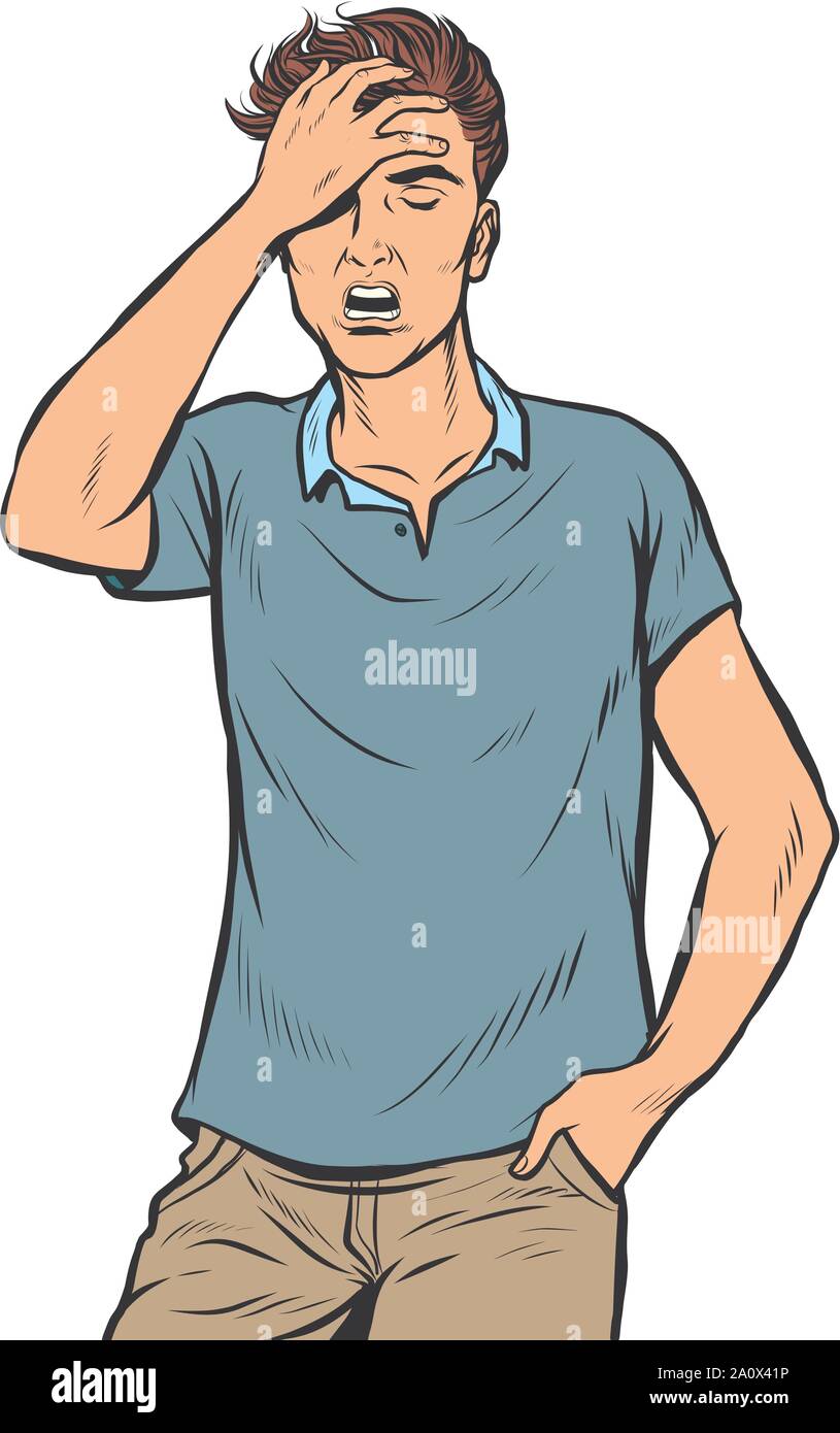 A young man holds his hand to his head. Headache. Pop art retro vector ...